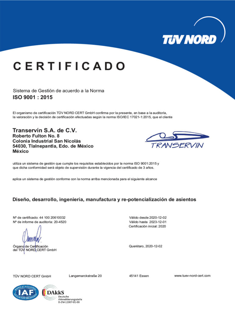 certificación ISO 9001-2015 de TRANSERVIN, S.A. DE C.V. – Asientos para ...